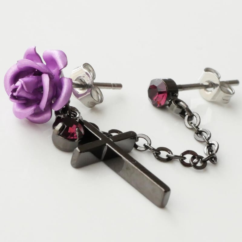 薔薇&十字架 ダブル ピアス(片耳タイプ)赤 紫 黒 青 薔薇&十字架 ダブル ピアス(片耳タイプ)赤 紫 黒 青