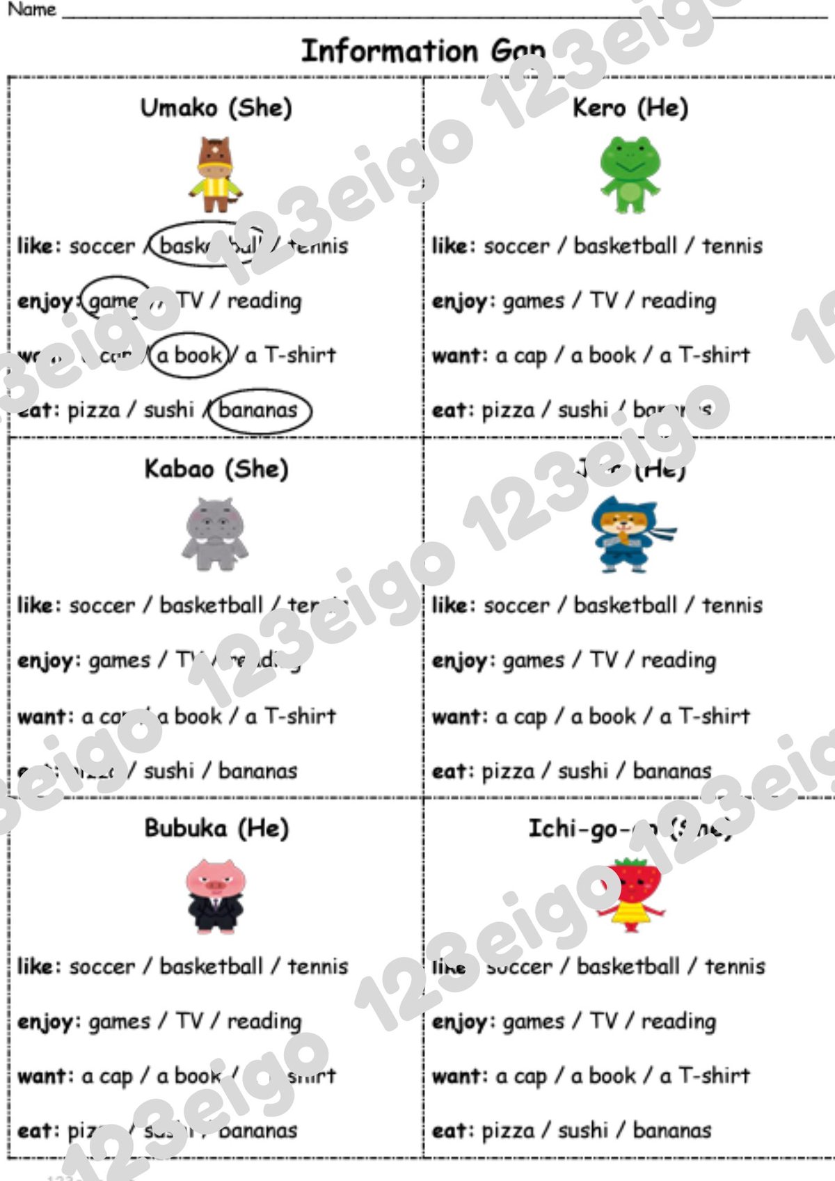 Unit 5.2 - Information Gap Characters | 123eigo