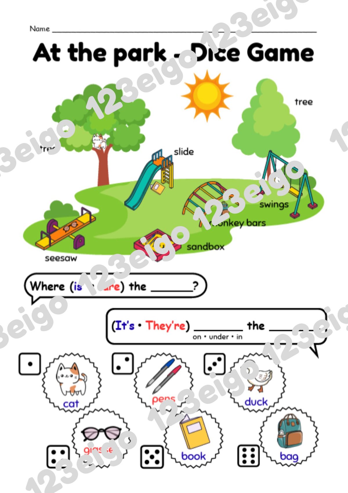 At the Park - Preposition Activity Set | 123eigo