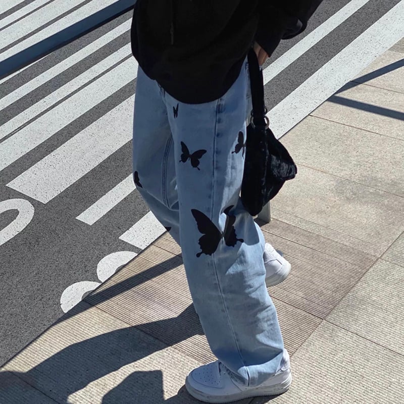 XLサイズ即納】バタフライ 蝶 プリント デニム butterfly denim Pant