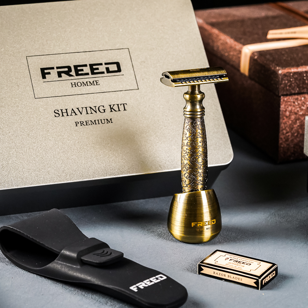 【FREED】尊爵四件組封閉式雙刃刮鬍刀禮盒 -蝕刻雕花鍍鎳版 | FREED 男士刮鬍刀第一品牌
