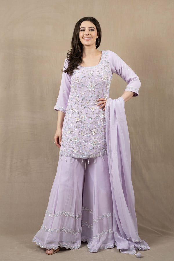 3 Piece embroidered short shirt and sharara suit