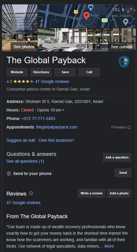 The Global Payback scam warning - Cybertrace™
