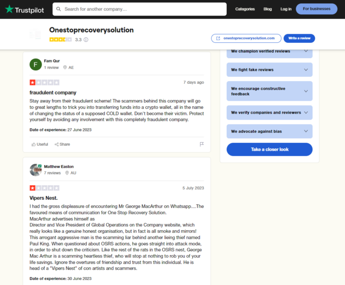 OneStopRecoverySolution Scam Warning - Cybertrace™