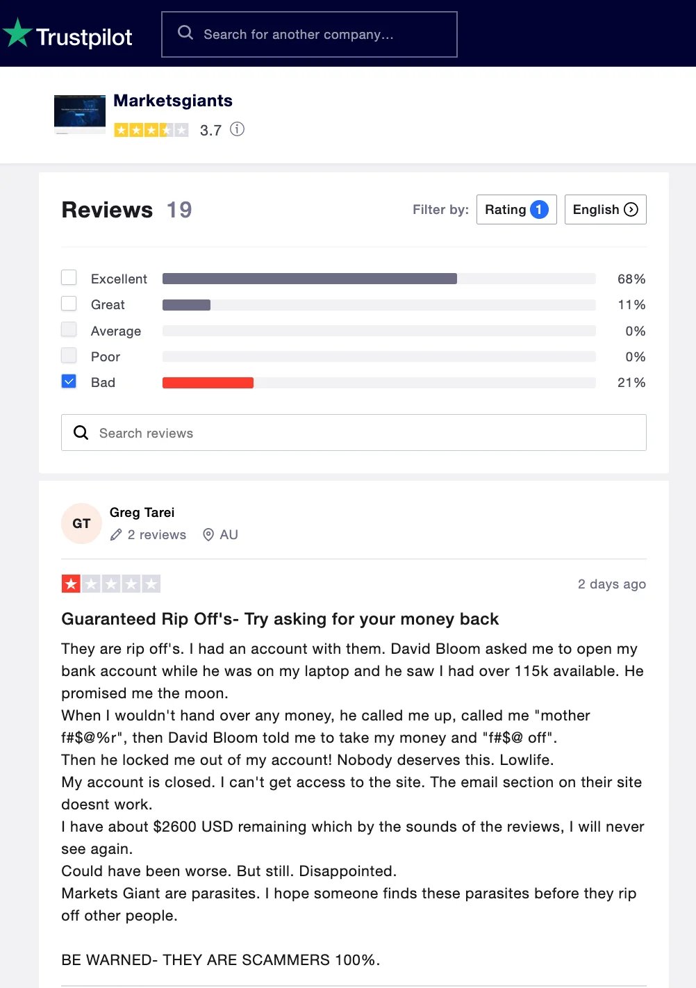 Markets Giant scam - Cybertrace™
