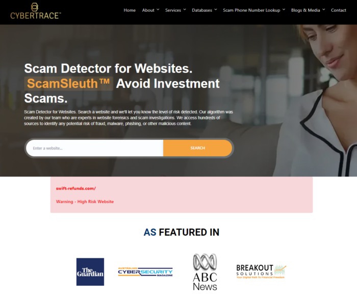Swift Refunds Recovery Scam Alert - Cybertrace™