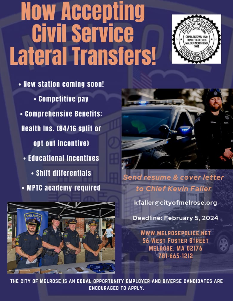 Melrose Police Hiring Full Time Officers for Lateral Transfer - Melrose ...
