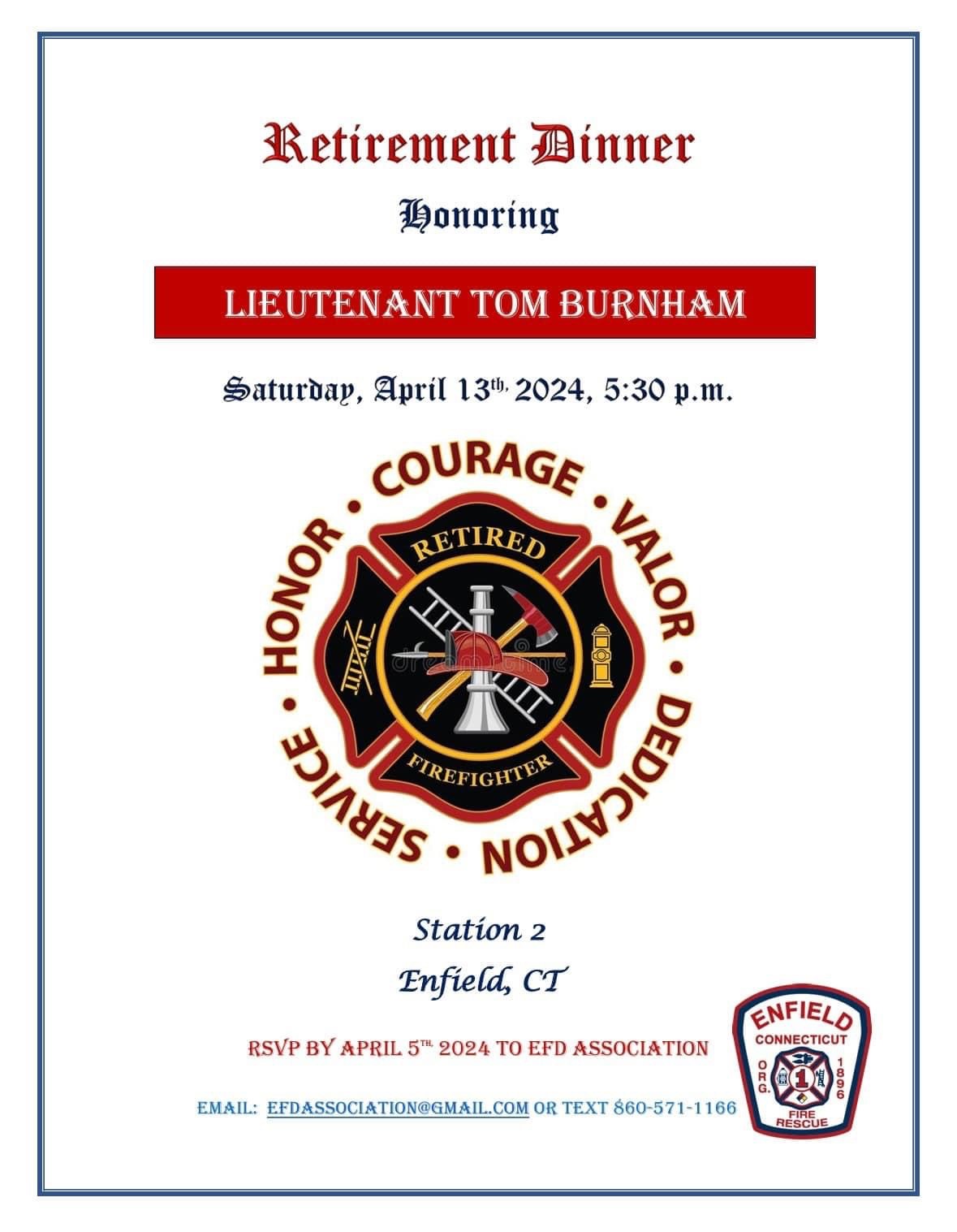 Retirement Dinner Honoring Lieutenant Tom Burnham – Enfield Fire District 1