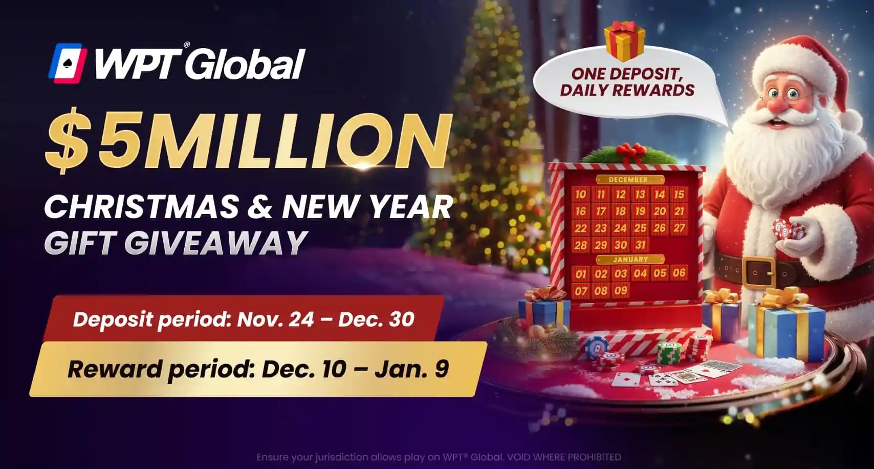 WPT® Global December Promos 2025 | $5M Gift Giveaway + $250K Weekly Bounties