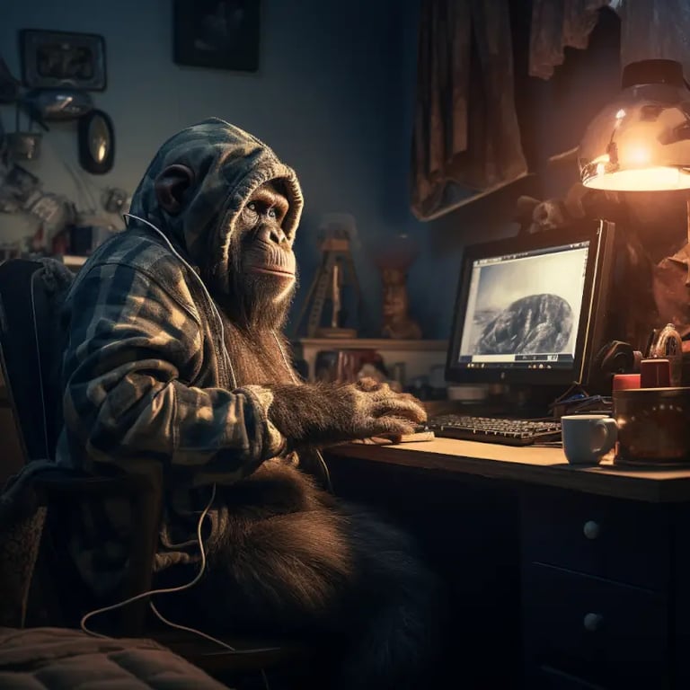 Midjourney Prompt Ape Man In His Room As A Hacker Photorealistic