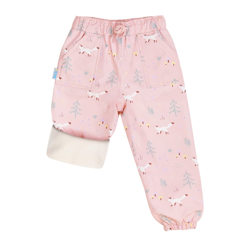 Kids Fleece Lined Rain Pants | Pink Forest for Toddlers | Jan & Jul