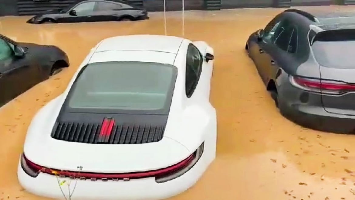 Dozens of brand new Porsches are seen floating in water at a German ...