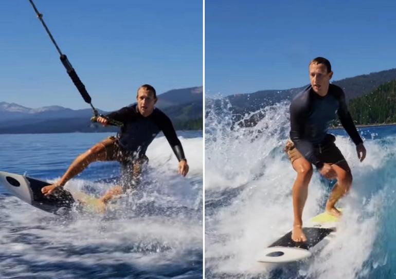 Mark Zuckerberg set social media alight by wakesurfing in an inflatable ...