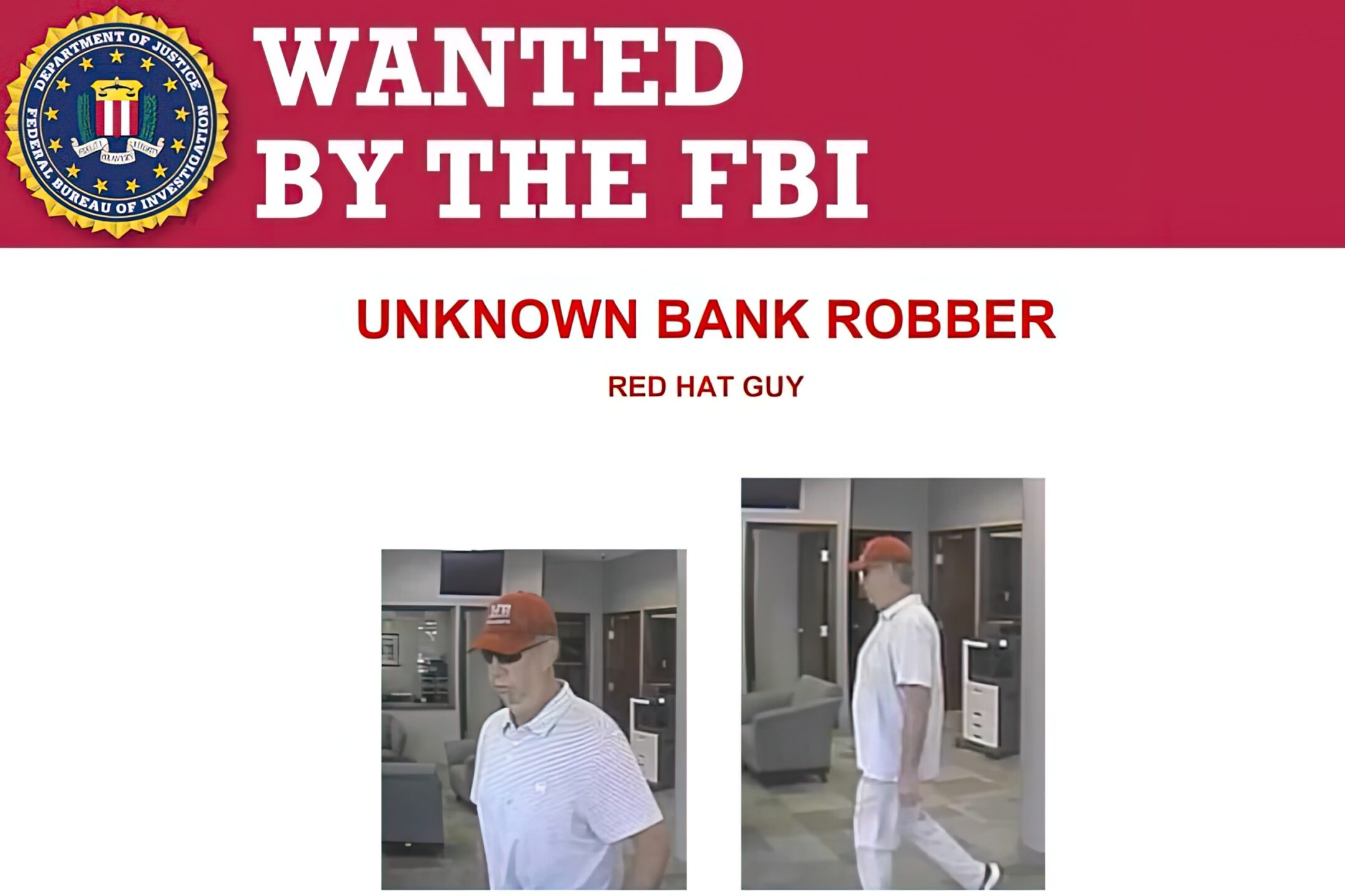 FBI Seeking “Red Hat Guy” Bank Robbery Suspect | Source of the Spring