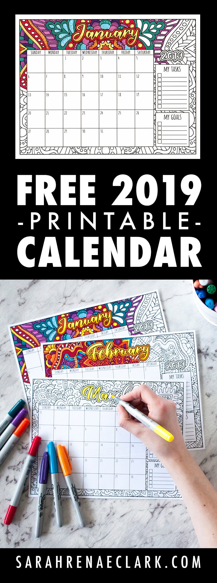 Free 2019 Printable Coloring Calendar - By Sarah Renae Clark