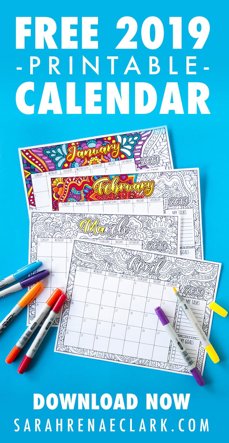 Free 2019 Printable Coloring Calendar - By Sarah Renae Clark