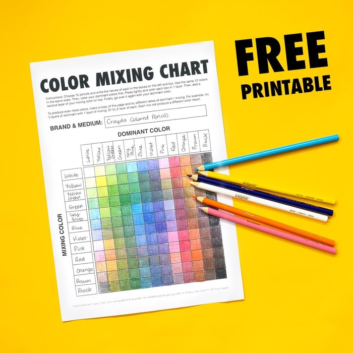 Free Colored Pencil Mixing Chart - Make 144 colors out of 12 pencils!
