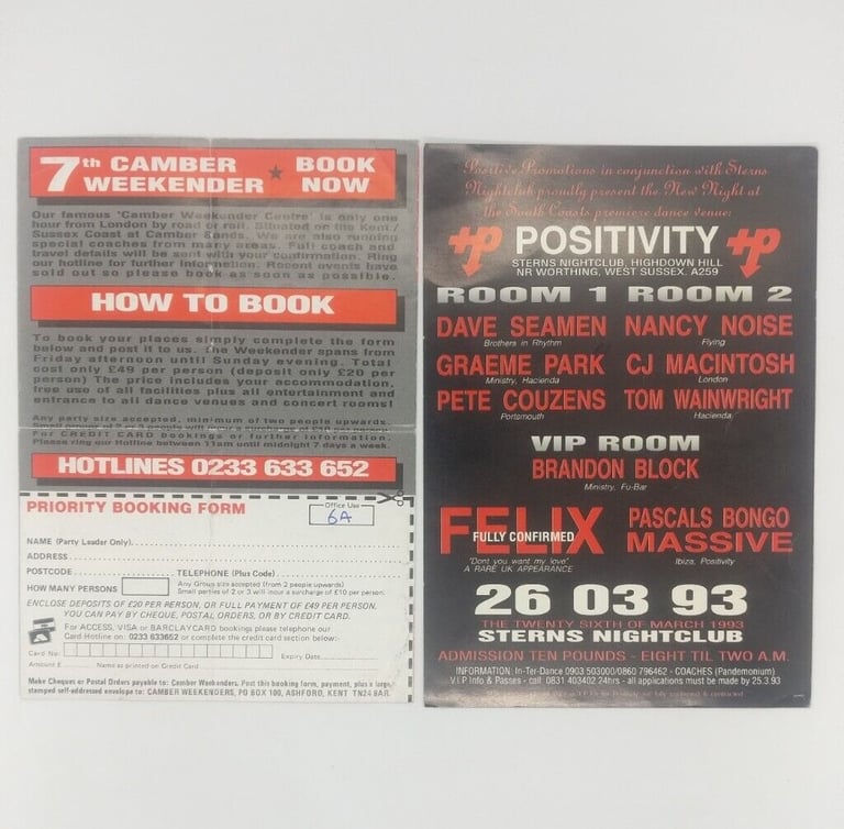 Pair of framed & mounted early 90's rave flyers - Positivity & Camber ...