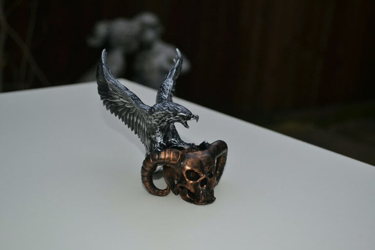 Demon Skull and Eagle sculpture, finished in Antique Gold and Silver ...