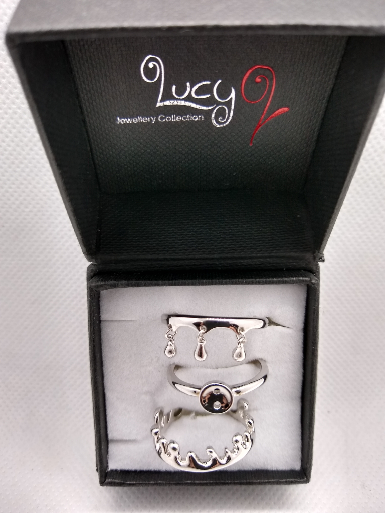 NEW BOXED R5 TJC 3 LucyQ button, triple drip and ocean ring in rhodium ...