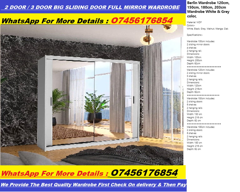 AMAZING COLOUR OPTIONS - 2 DOOR / 3 DOOR BIG SLIDING DOOR FULL MIRROR ...