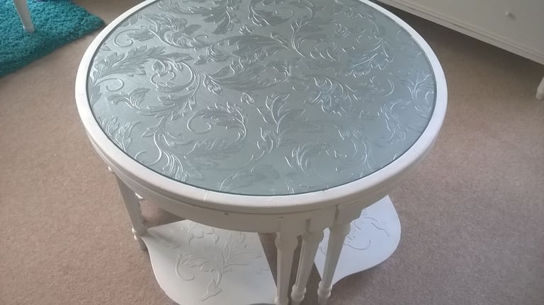 LARGE OOAK Shabby Chic Pretty Glass Top Coffee Table +4 Glass Topped ...