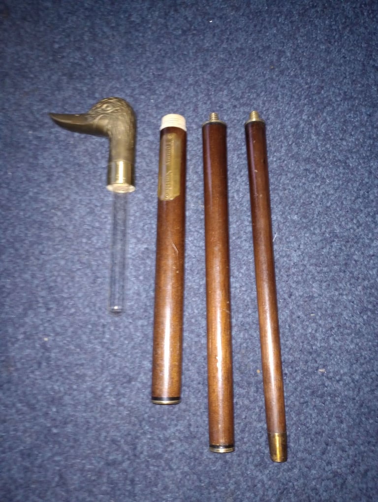 Vintage wood and brass duck head handle walking stick with hidden drink ...