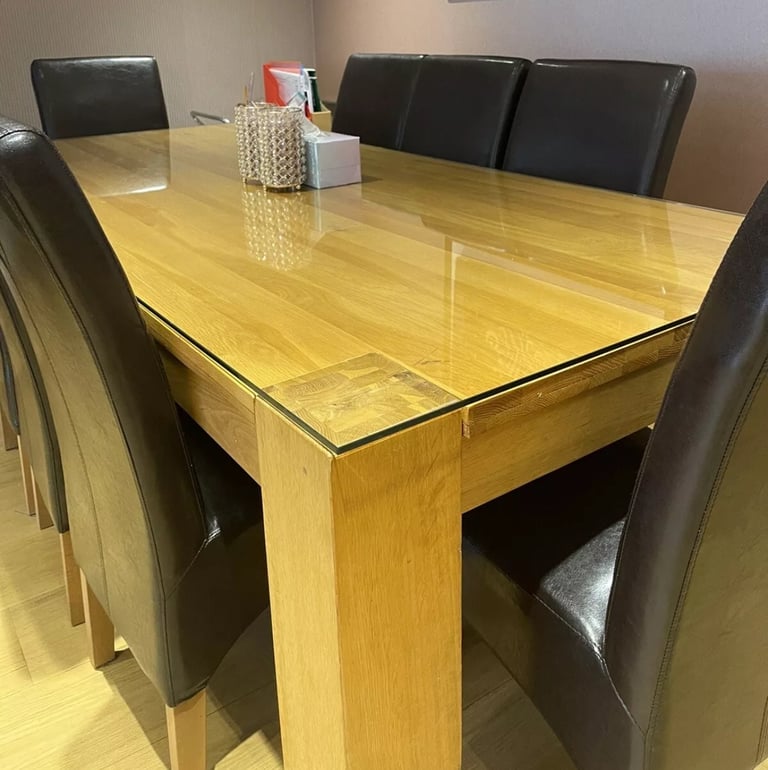 Wooden dining table 2.40cm Long with 8mm glass top with 8 chairs | in ...