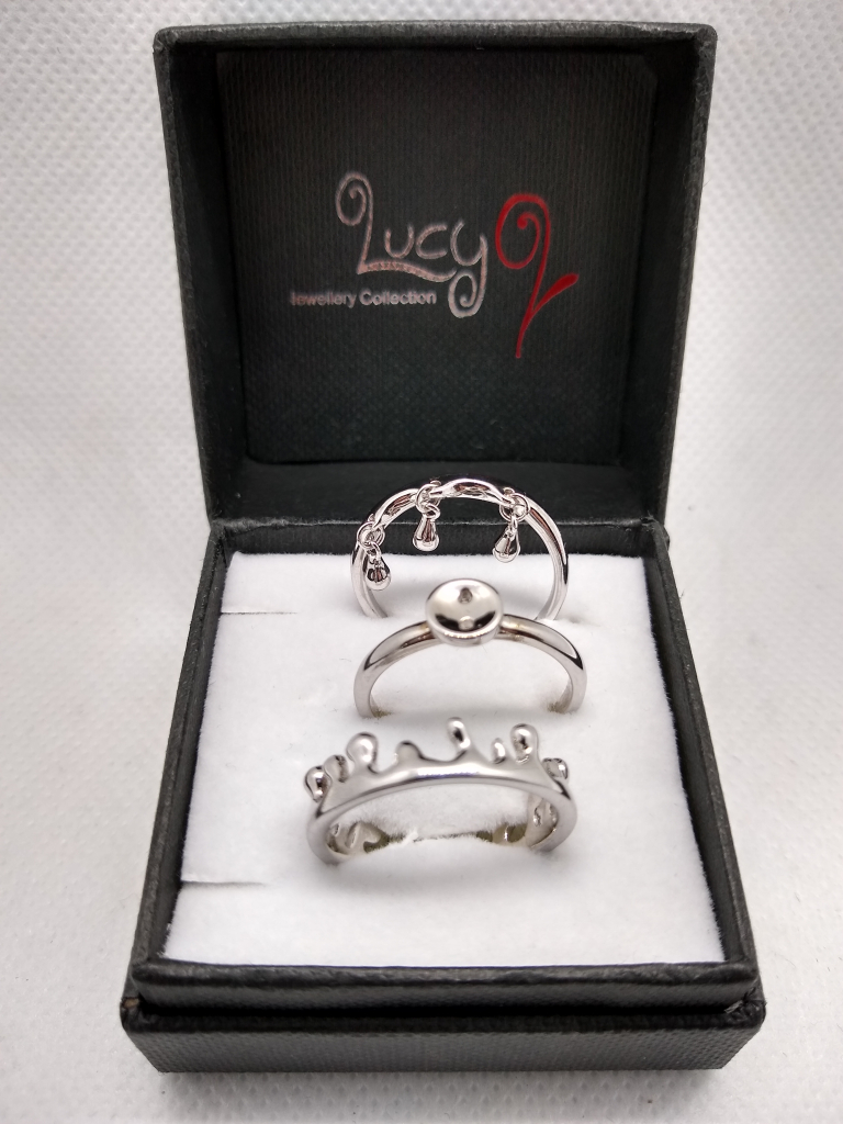 NEW BOXED R5 TJC 3 LucyQ button, triple drip and ocean ring in rhodium ...