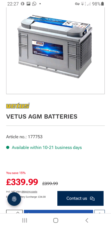 2 x 12v Vetus 12v AGM Marine Deep Cycle Leisure Batterys | in Shefford ...