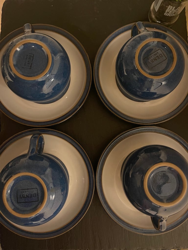 Denby Imperial Blue Cups & Saucers Tea Coffee Stoneware Set of 4 No ...