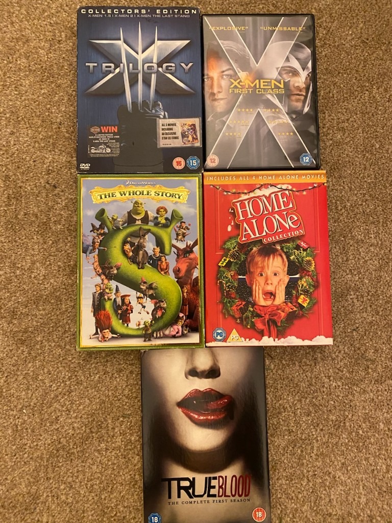 X-Men Trilogy+extra movie, Home Alone 1-4, True Blood, season 1, Shrek ...