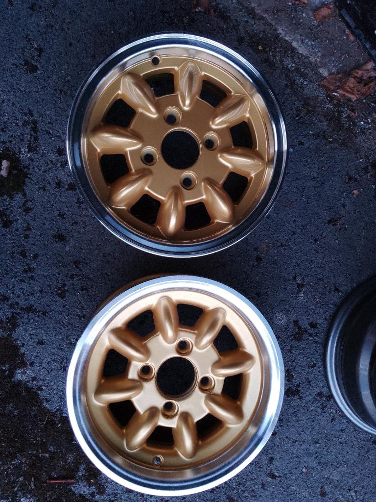 PAIR OF CLASSIC MINI OR RELIANT 12 INCH GOLD ALLOY WHEELS ODD ONES FOR ...