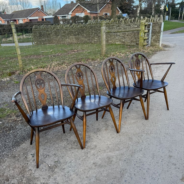 Vintage Ercol Dining Chairs Set Of 4 Fleur-De-Lis Dark Brown 371/371A ...