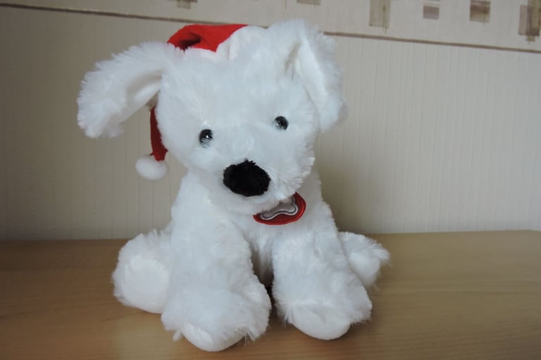 Christmas Decoration - Plush White Dog Red Santa Hat H 21cm (PICKUP RG2 ...