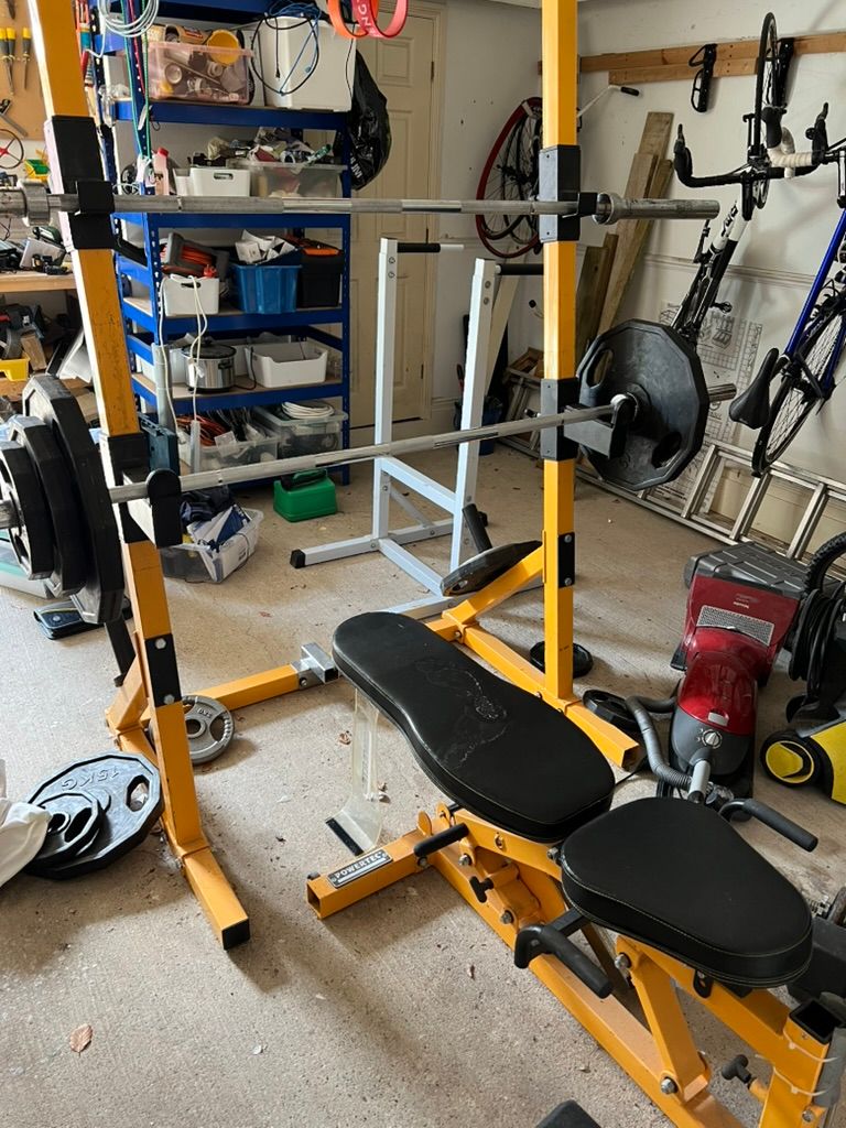 Heavy Duty Squat Rack, Bench and Weights, EZ Curl Bar + 2 Olympic Bars ...