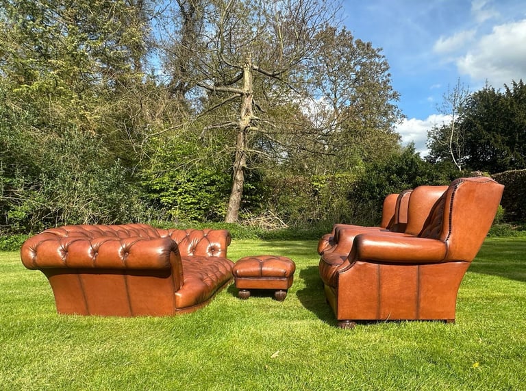 Tetrad oskar Chesterfield leather suite. 3 seater sofa, wingback chairs ...