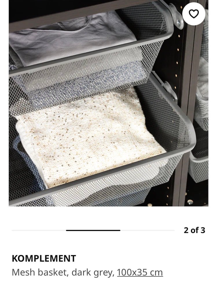 1 x IKEA Komplement grey mesh basket drawers for pax wardrobe 100x35 ...