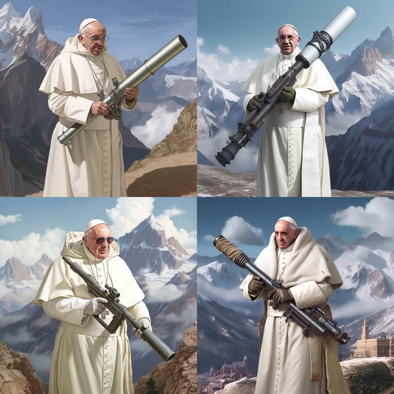 Bazooka Blessed: Mid-journey Standoff with Pope Francis Prompt | NeoPrompt