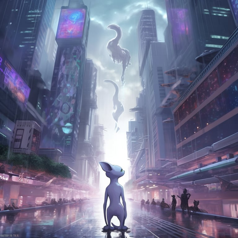 Alien Solace: Mewtwo Amidst Rain in a Future City Prompt | NeoPrompt