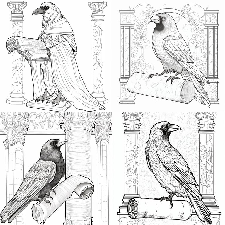 Mysterious Raven with Scroll Mid-Journey Coloring Page Prompt | NeoPrompt