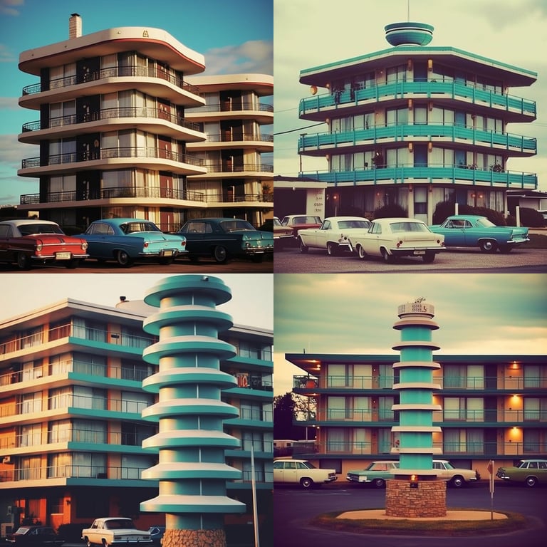 Retro Motel Stacked Architecture Mid-Journey Prompt | NeoPrompt