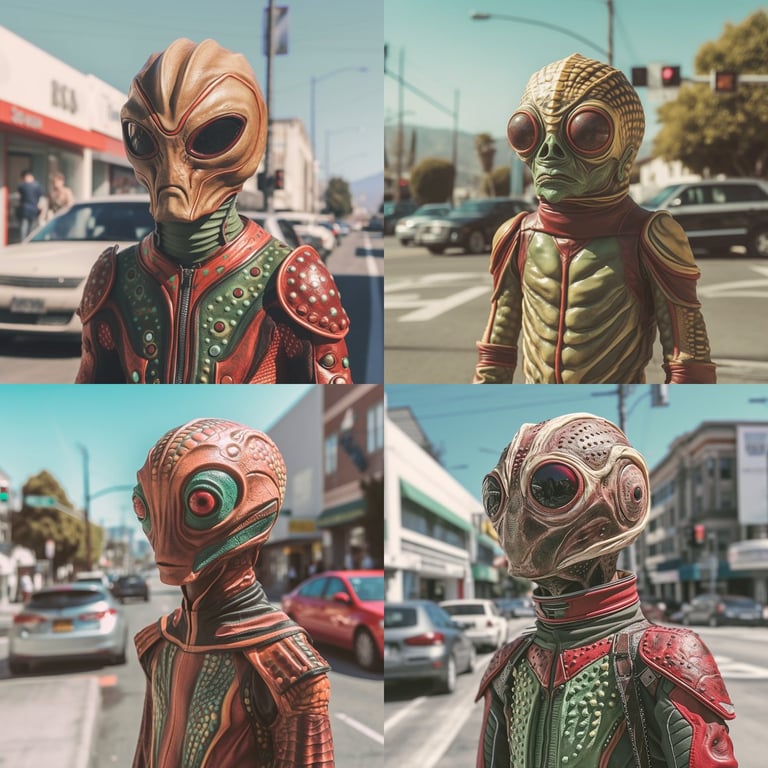 Retro Sci-fi Encounter: Alien Superhero Spotted in LA Prompt | NeoPrompt
