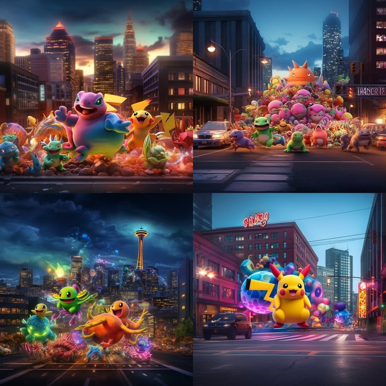 Realistic Neon Pokemon Invasion of Seattle - HD 4K Experience Prompt ...