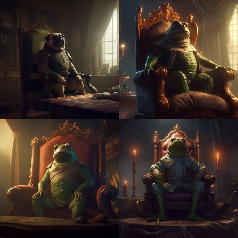 Royal Frog: Pepe's Canine Kingdom Illustration Prompt | NeoPrompt