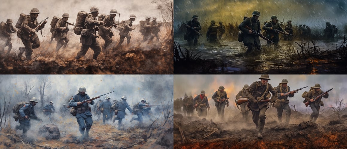 Desperate Charge: WW1 French Squad Mid-Battle Scene Prompt | NeoPrompt