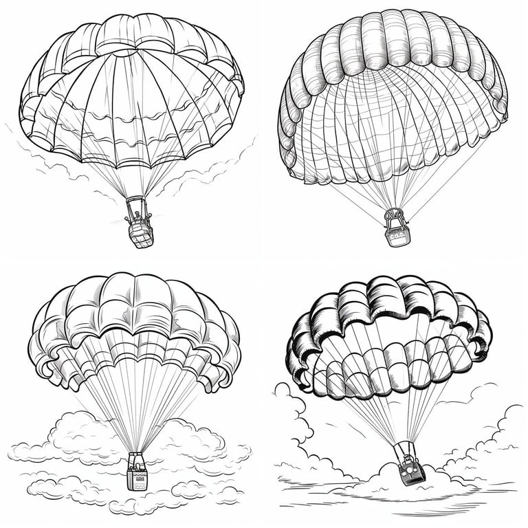 Midway Parachute Adventure: Chibi Cartoon Coloring Page Prompt | NeoPrompt