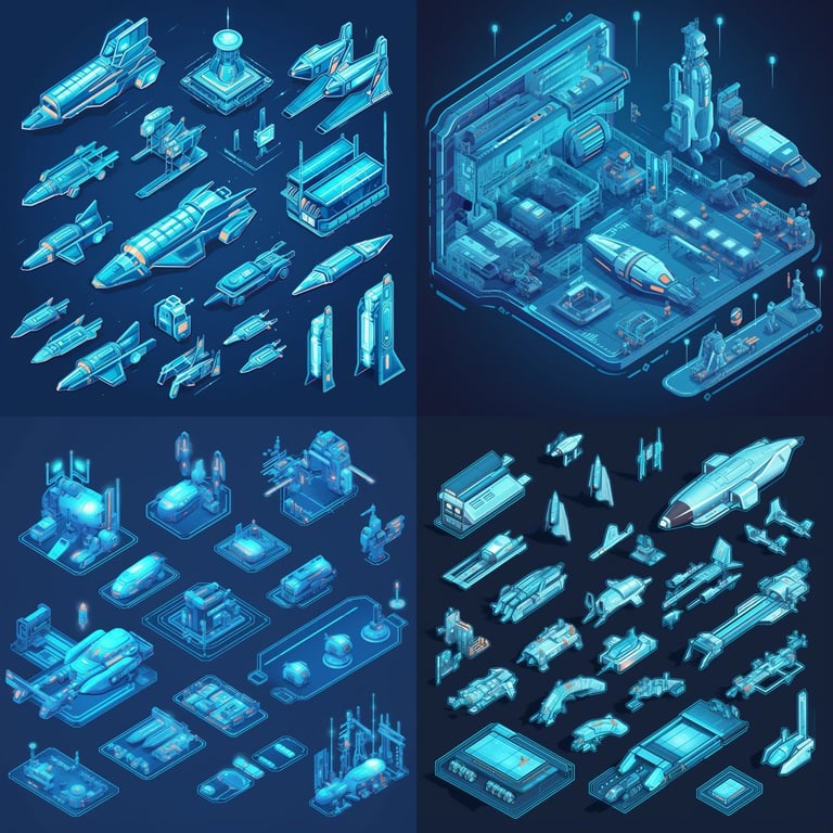 Neon Blue Isometric Space Shuttle Sprite Sheet v5 - S250 Prompt | NeoPrompt