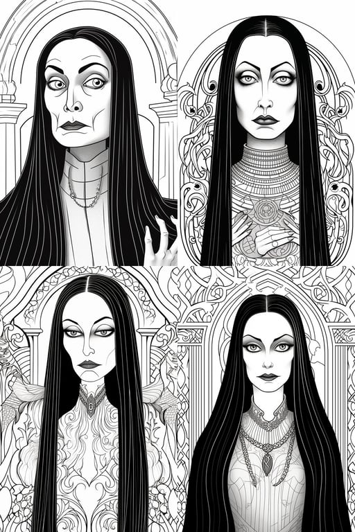 Midway Cartoon-Style Morticia Addams Coloring Page with Thick Outlines ...