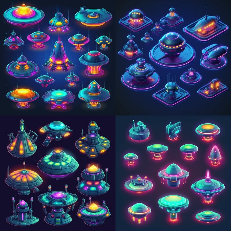 UFO Saucer Isometric Sprite Sheet Mid-Journey Update Prompt | NeoPrompt
